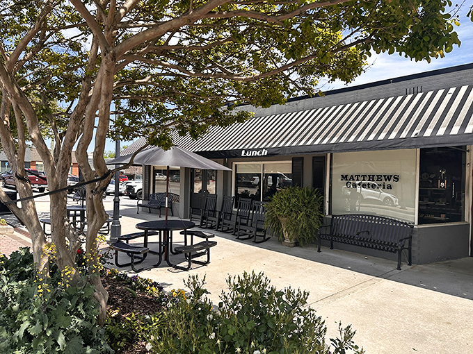 The unassuming exterior of Matthews Cafeteria beckons with rocking chairs that practically whisper, "Slow down, sugar. Good things come to those who wait."