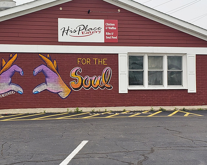 The burgundy exterior of His Place Eatery promises what every great soul food spot should - comfort that begins before you even walk through the door.