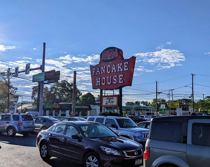 The unassuming exterior of Uncle John's Pancake House hides a breakfast paradise within. Like finding a treasure chest disguised as a shoebox.