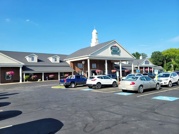 The stately exterior of Hartville Kitchen welcomes hungry travelers with its distinctive cupola and covered entrance&mdash;Americana architecture at its most appetizing.
