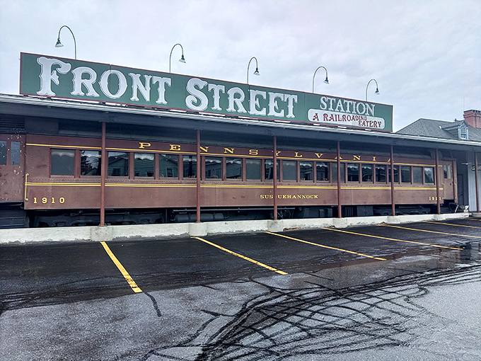 All aboard for flavor! Front Street Station's exterior proudly displays its Pennsylvania Railroad heritage, inviting hungry travelers to step back in time for a memorable meal.