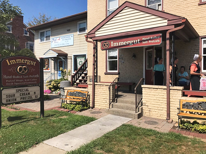 The unassuming exterior of Immergut hides a pretzel paradise within. Like finding a secret doorway to carb heaven in Amish Country.
