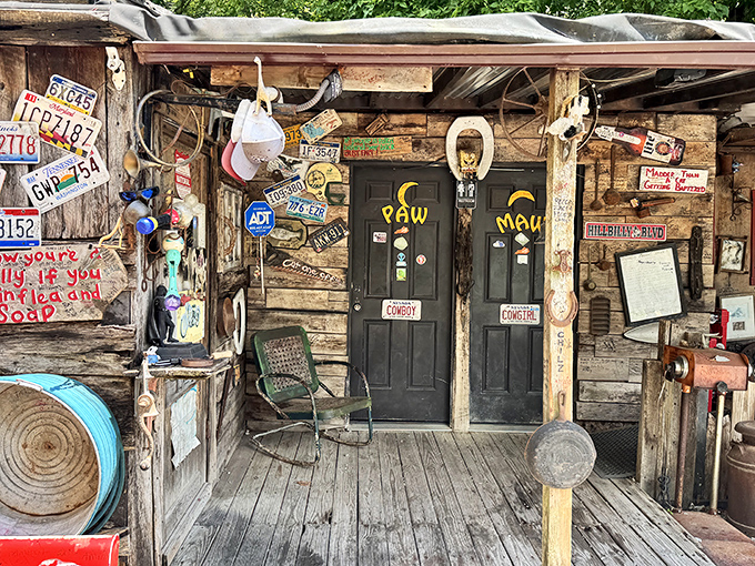 License plates, random artifacts, and weathered wood create the perfect backdrop for a hot dog adventure. Minimalists, consider yourselves warned.