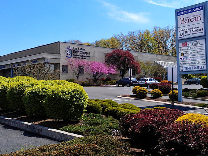 The exterior facade of Care & Share Thrift Shoppes stands like a department store of possibilities, with clear signage guiding treasure hunters to their quarry.