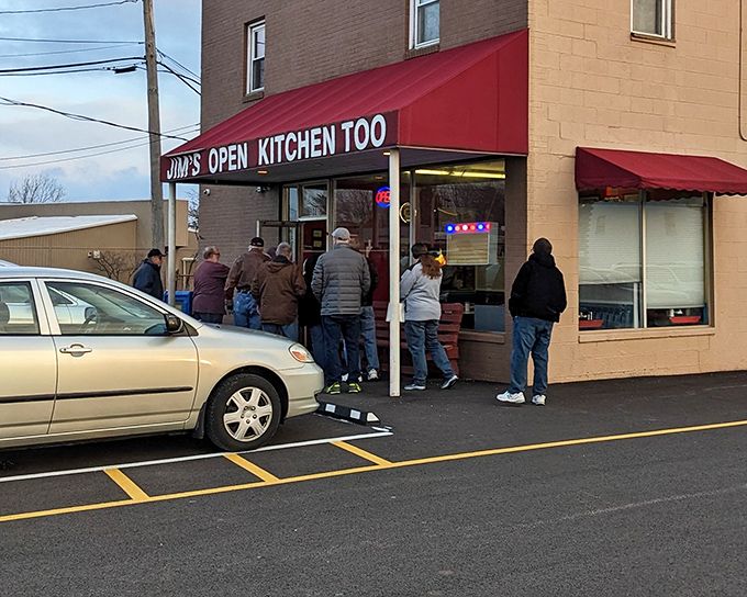 The line outside Jim's Open Kitchen Too isn't just a queue&mdash;it's a morning ritual for Streetsboro locals who know breakfast bliss awaits behind that red awning.