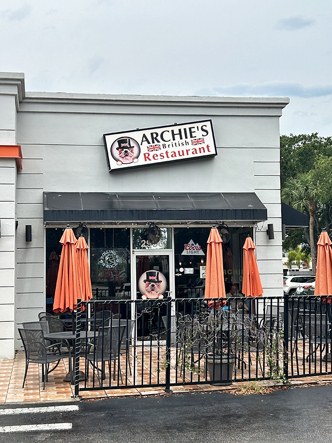 Archie's welcomes you with bright orange umbrellas and a dapper cartoon gentleman, like Britain's cheerful outpost in the Florida sunshine.