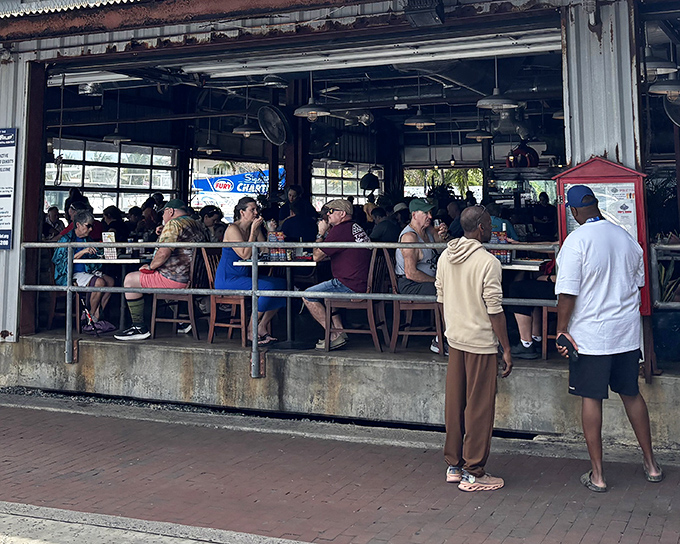 Yellow umbrellas beckon like tropical butterflies at Conch Republic's outdoor seating area, where harbor breezes complement every bite of seafood perfection.