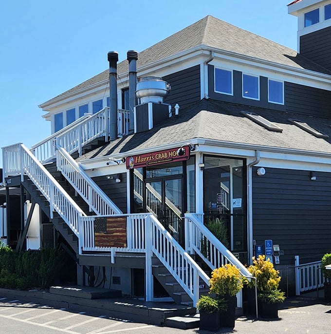 The blue-gray exterior of Harris Crab House stands like a sentry guarding Maryland's seafood treasures. A pilgrimage site for crab lovers everywhere.