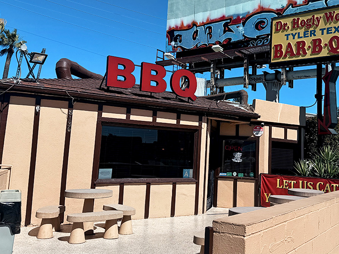That iconic yellow sign against the California sky is like a beacon for BBQ pilgrims. Texas traditions alive and well in Panorama City.