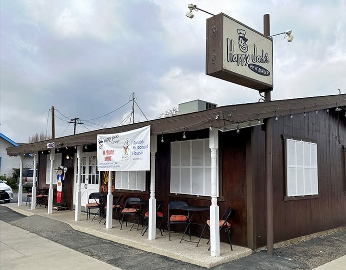 Outdoor seating where locals gather to swap stories and savor burgers. In California's pleasant climate, these simple chairs become front-row seats to flavor paradise.