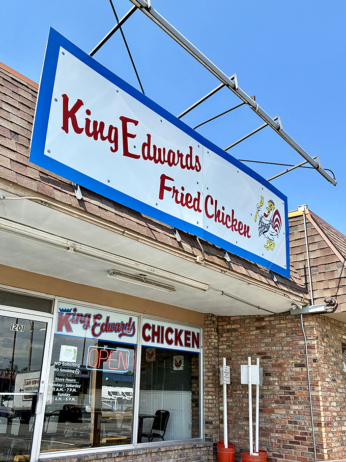 The blue and red sign beckons like a lighthouse for the hungry. King Edwards keeps it simple&mdash;when you're this good at chicken, fancy facades are optional.