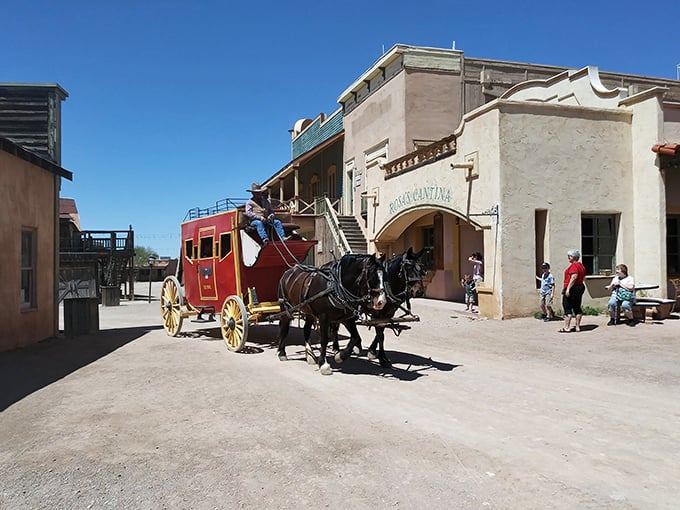 Nothing says "Wild West" quite like a stagecoach rolling into town, complete with horses that look like they've seen their share of bandits.
