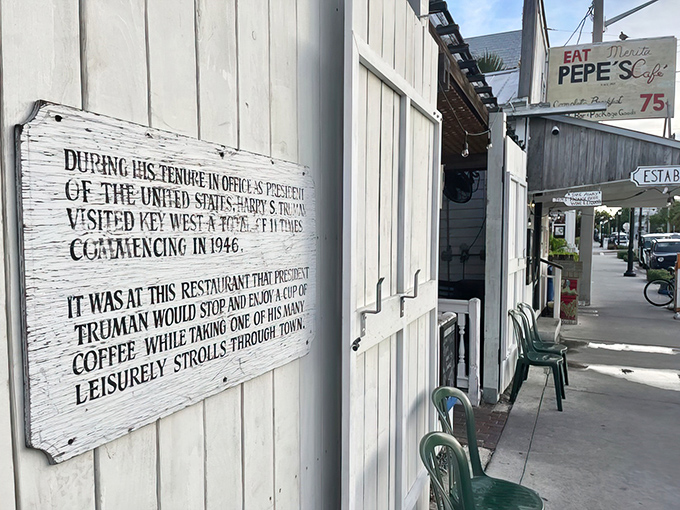 The unassuming exterior of Pepe's Cafe stands as a time capsule on Caroline Street, where Key West's colorful history meets its laid-back present.