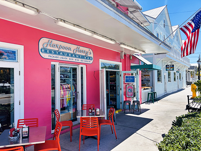 The flamingo-pink facade of Harpoon Harry's stands out even in colorful Key West, like a beacon calling hungry travelers to breakfast paradise.