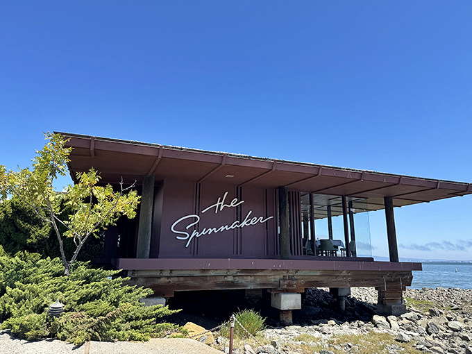 The Spinnaker's mid-century modern design hovers over Sausalito's shoreline like a culinary spaceship that landed for the view and decided to stay forever.