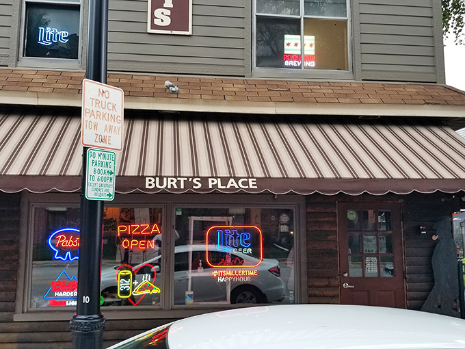 The unassuming storefront of Burt's Place hides pizza greatness behind its modest awning and neon signs. Treasure hunting at its finest.