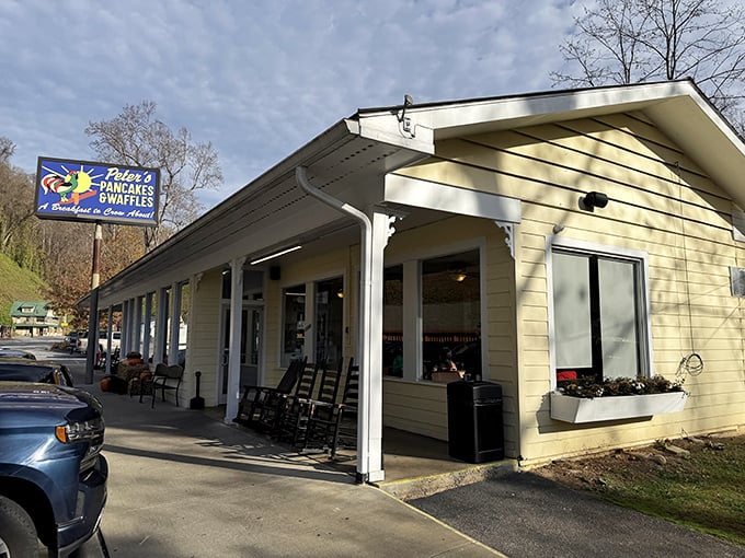 The cheerful rooster sign beckons hungry travelers like a breakfast lighthouse. Peter's yellow exterior promises comfort food that'll make you forget you're not in grandma's kitchen.