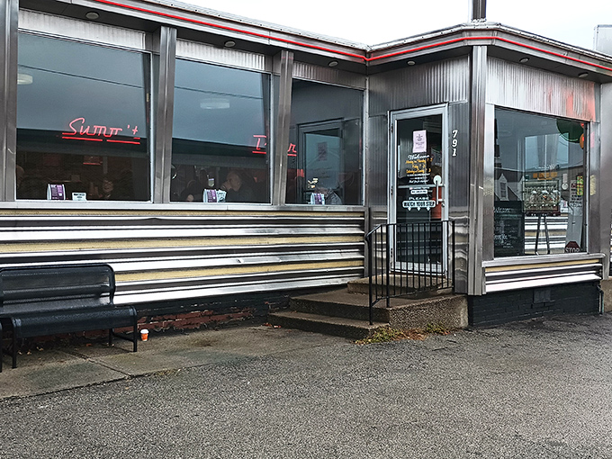 The gleaming stainless steel exterior of Summit Diner stands like a time capsule in Somerset, its vintage neon sign beckoning hungry travelers with promises of comfort food paradise.