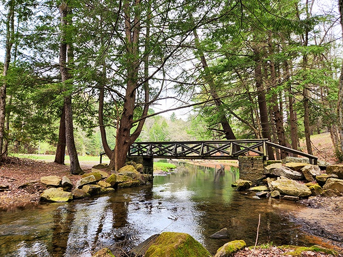 Nature's perfect postcard moment: a rustic wooden bridge spans crystal-clear waters, inviting you to cross over into Pennsylvania's most peaceful wilderness escape.