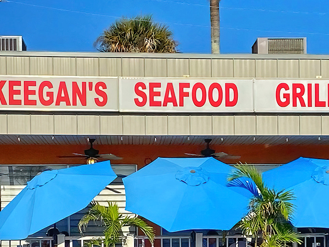 The bright red lettering of Keegan's against the Florida sky is like a beacon for hungry seafood lovers. Those blue umbrellas practically whisper "come sit a while." 