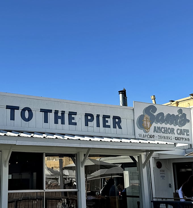 "To The Pier" isn't just a sign&mdash;it's an invitation to maritime bliss where seafood dreams come true.