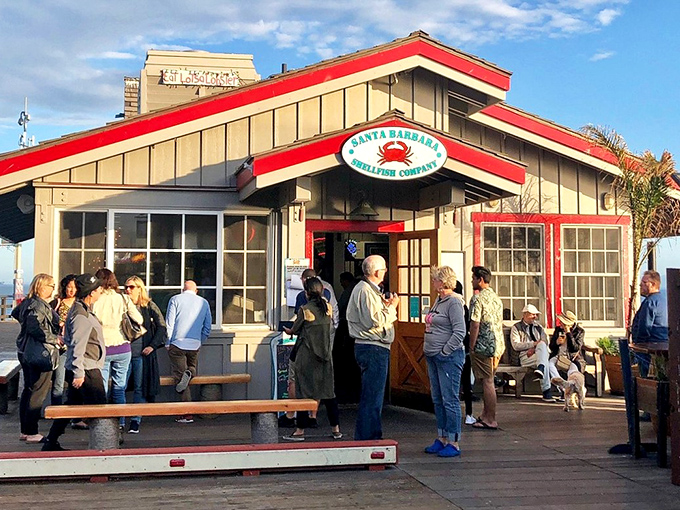 Where seafood pilgrims gather! The iconic red-trimmed exterior and that crab sign practically scream "fresh catch inside!"