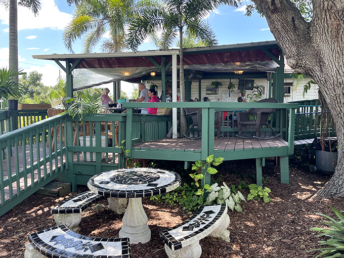 Outdoor dining at its most Floridian&mdash;palm trees, sunshine, and a deck where conversations flow as freely as the sweet tea.