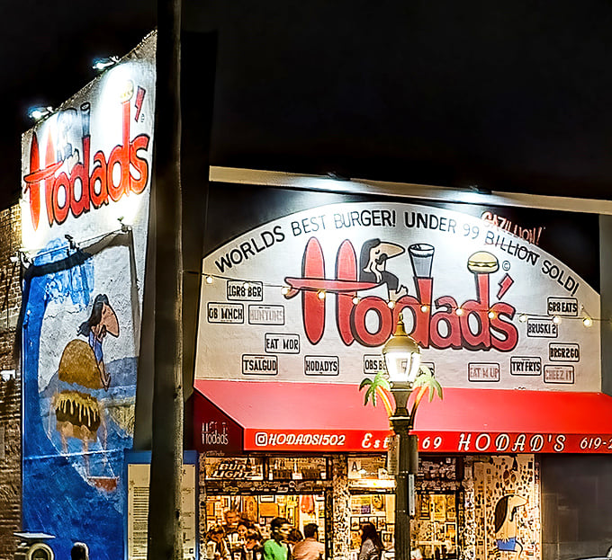 The sign says it all: "World's Best Burger!" with "Gazillion Sold." In Ocean Beach, humility takes a backseat to honest burger bragging rights.