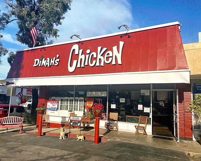 Another angle of Dinah's charming storefront, where even the wooden benches outside seem to say, "Stay awhile, the chicken's worth it."
