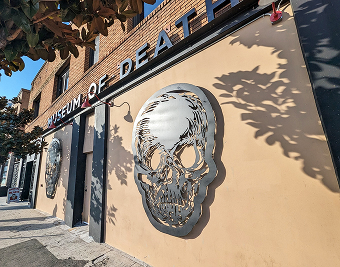 The unassuming facade of Hollywood's Museum of Death welcomes the brave with wrought iron gates and skull motifs. Not your typical tourist attraction!