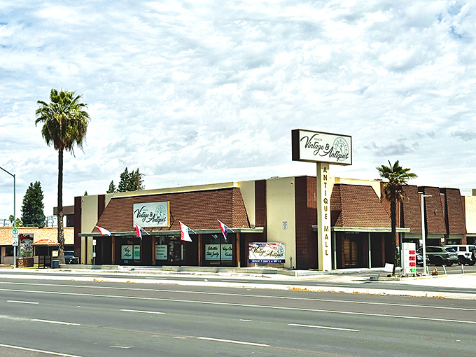 The distinctive brown-and-cream exterior of Visalia Vintage & Antiques stands like a time portal on Main Street, palm trees swaying as if beckoning treasure hunters inside.