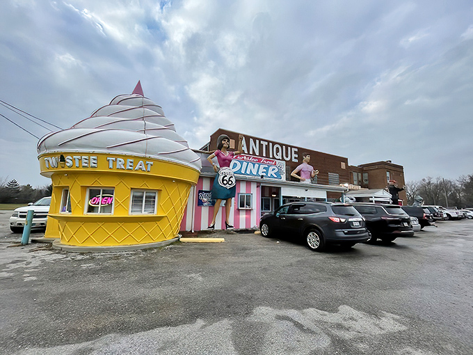 The Pink Elephant Antique Mall announces itself with all the subtlety of a carnival barker &ndash; complete with giant ice cream cone and retro roadside charm that screams "STOP YOUR CAR NOW!"