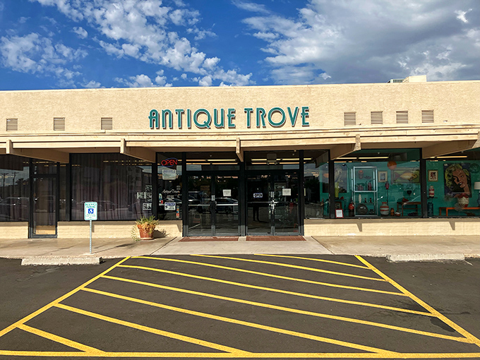 The desert sun gleams off Antique Trove's turquoise signage, beckoning treasure hunters like a mid-century mirage in Scottsdale's retail landscape.