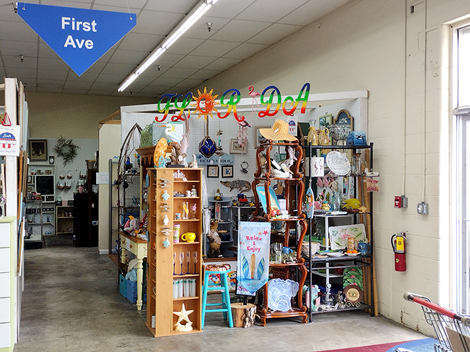 "First Ave" might as well be called "Memory Lane" with this colorful vendor booth showcasing an eclectic mix of coastal-themed collectibles and whimsical decor.