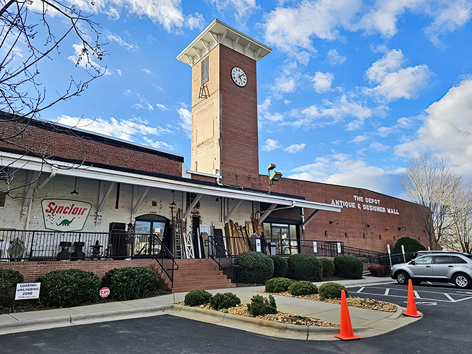 The iconic clock tower stands sentinel over The Depot, like a timekeeper guarding treasures from every era beneath its watchful face.