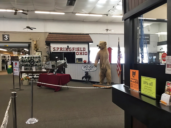 The welcoming committee at Heart of Ohio includes a taxidermied bear who's seen more shoppers than a Black Friday doorman at Best Buy.