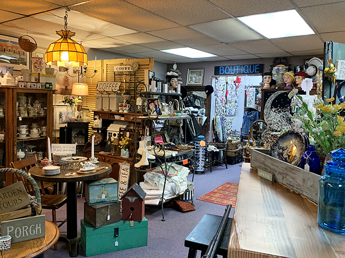 The weathered exterior promises adventures inside, where decades of treasures wait behind that perfectly vintage green sign.