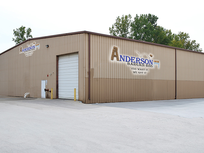 The unassuming exterior of Anderson Bargain Bins&mdash;where retail therapy meets treasure hunting in a no-frills warehouse setting.