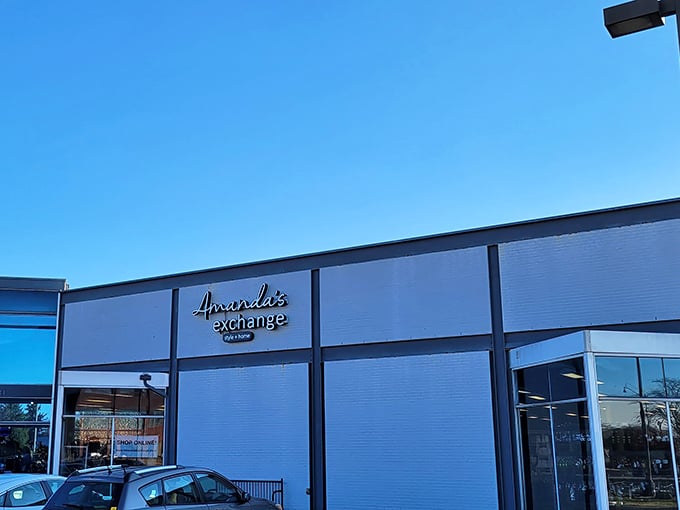 Amanda's Exchange stands out against the bright blue Indiana sky, promising treasure hunters a stylish sanctuary for secondhand scores.