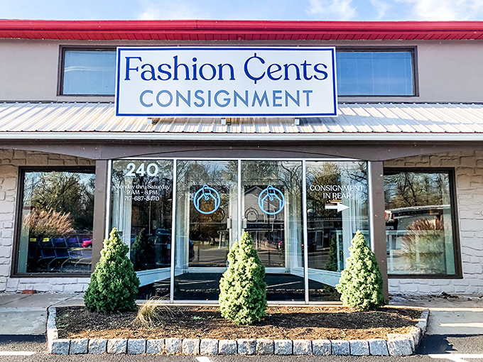 The welcoming storefront of Fashion Cents Consignment beckons bargain hunters with its clean lines and inviting entrance&mdash;Pennsylvania thrift shopping at its finest.