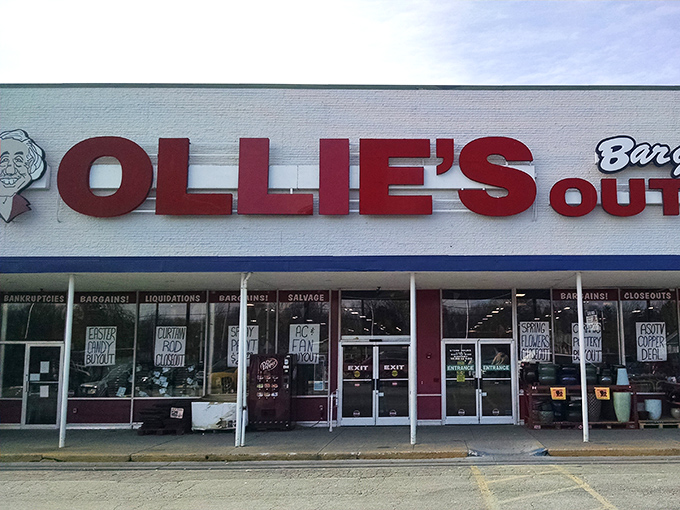 The iconic red Ollie's sign beckons bargain hunters like a lighthouse for the fiscally responsible. Good deals await inside!