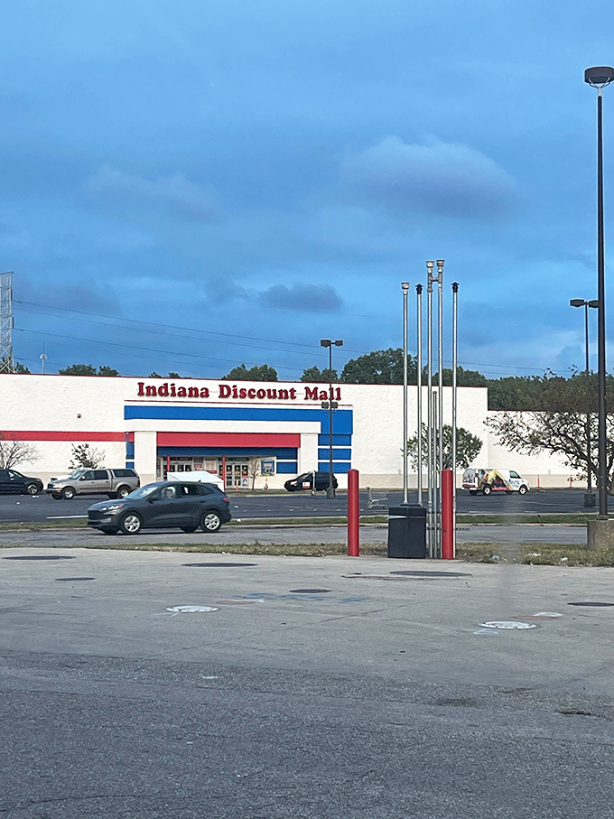 The red, white, and blue facade welcomes bargain hunters like a patriotic beacon of savings.