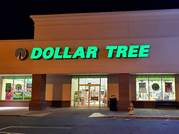 The iconic teal glow of Dollar Tree's signage transforms an ordinary strip mall into a beacon of bargain possibilities after dark.