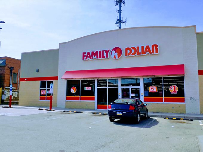 The iconic red and white facade of Family Dollar on Brownsville Road stands as Pittsburgh's monument to affordable retail therapy.