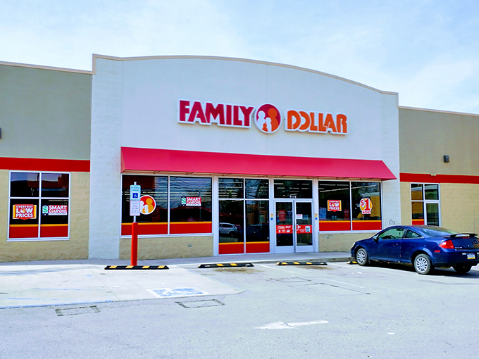 The iconic red and white facade of Family Dollar on Brownsville Road stands like a beacon of budget salvation in Pittsburgh's Carrick neighborhood.