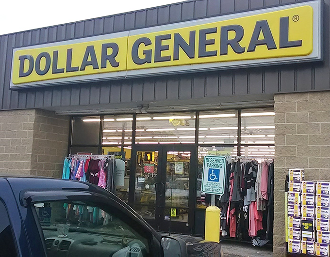 Where retail therapy meets economic practicality&mdash;the entrance to Dollar General promises treasures that won't break the bank.