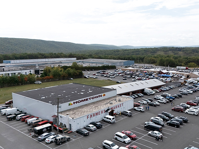 From this aerial view, Hometown Farmers Market looks like a bargain hunter's promised land. Wednesday's parking lot tells the real story&mdash;this place is Pennsylvania-popular for good reason.