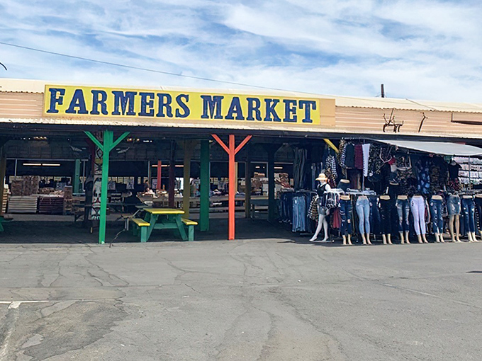 The iconic entrance to Denio's, where vibrant colored posts support not just a roof but decades of California treasure-hunting traditions.