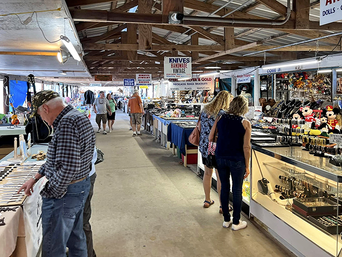 Shoppers navigate the indoor aisles where vintage meets modern, and every table holds a potential conversation starter.