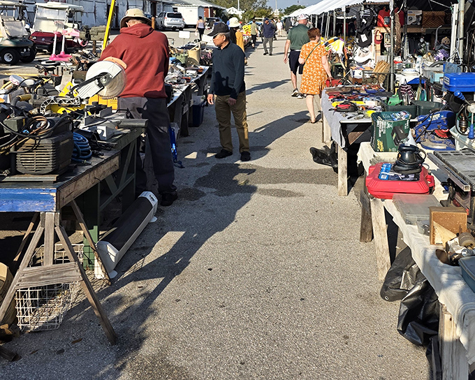 Treasure hunters navigate the outdoor aisles where power tools meet vintage knickknacks. One person's junk becomes another's conversation piece in this Bradenton bazaar.